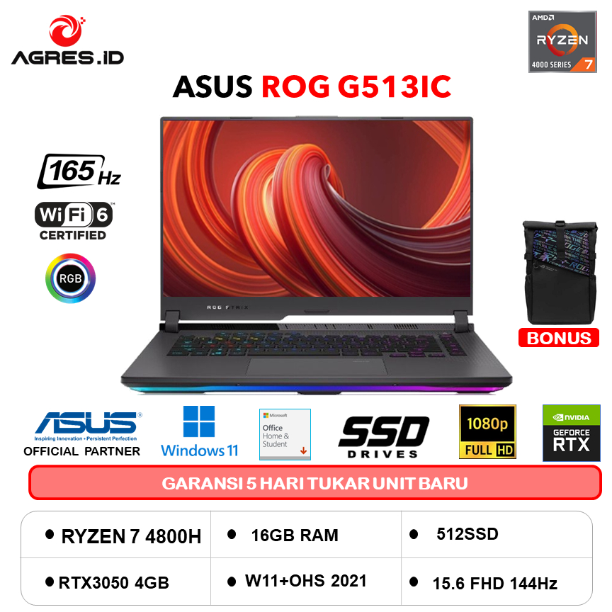 Jual ASUS ROG G513IC R735B7GO11 RTX3050 4GB/ RYZEN 7 4800H 16GB 512SSD ...