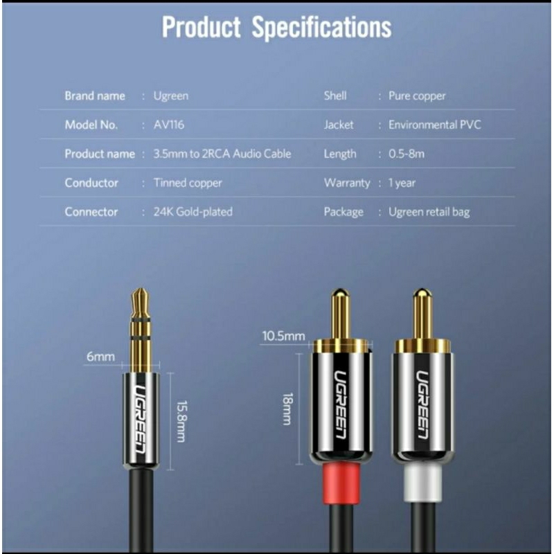 Jual Ugreen kabel audio Aux male 3.5mm to 2 rca male 3 meter | Shopee ...