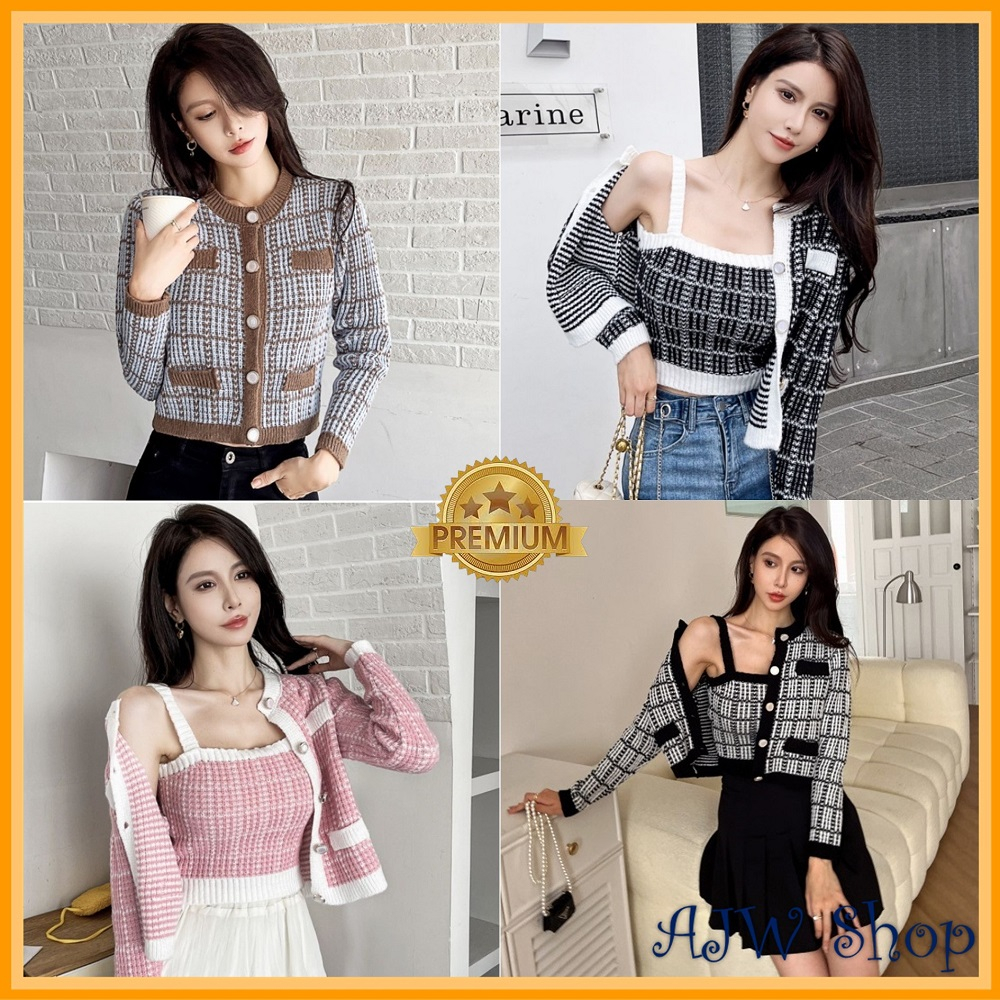 Jual AJW Cardigan Korean Set Tanktop Premium Import + Cardigan Premium Import Lengan Panjang ...
