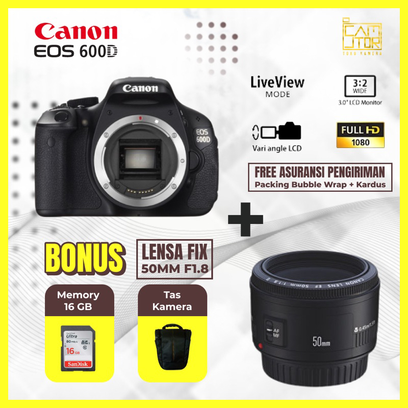 Jual CANON 600D BODY ONLY LENSA FIX + KIT PALING MURAH FREE MEMORY TAS ...