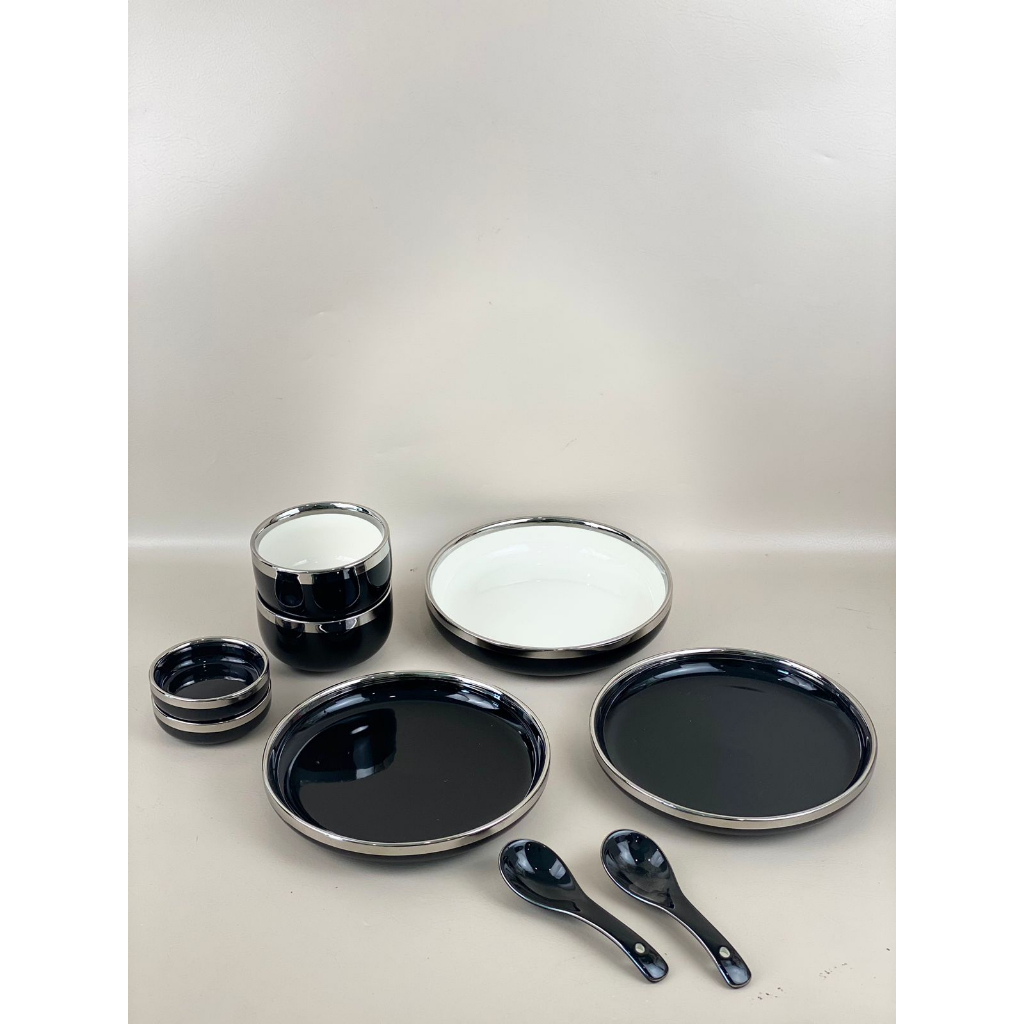 Jual ASHOME Piring Set 2 Orang Piring Makan Set Keramik Black Silver ...