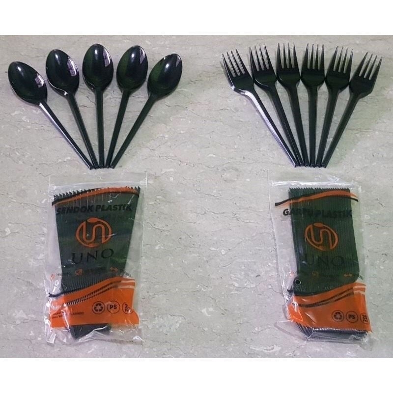 Jual sendok garpu makan plastik hitam merk uno isi 25pcs | Shopee Indonesia