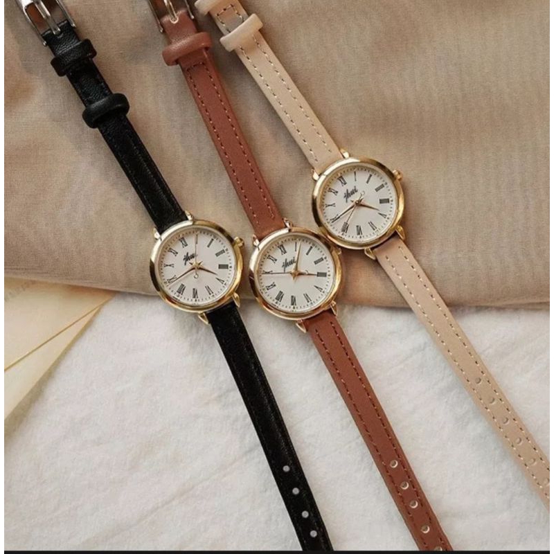 Jual Jam Wanita Bulat Analog Tali Kecil Bingkai Gold Frame Emas Retro ...