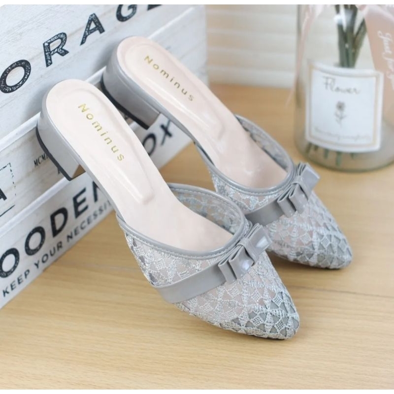 Jual sandal selop wanita motif brukat tinggi hak 3 cm | Shopee Indonesia