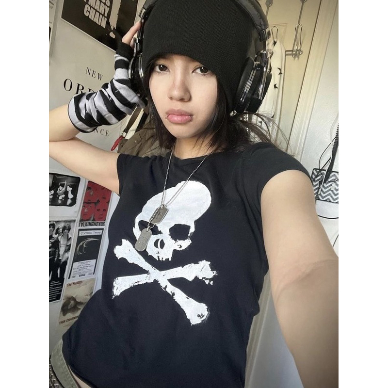 Jual skull crop top y2k baby tee harajuku acubi goth aesthetic outfit ...