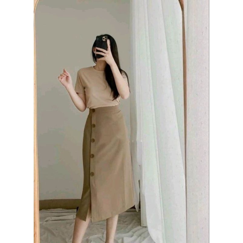 Jual Skirt In Jae Midi Korean Style| rok full kancing samping | Shopee ...
