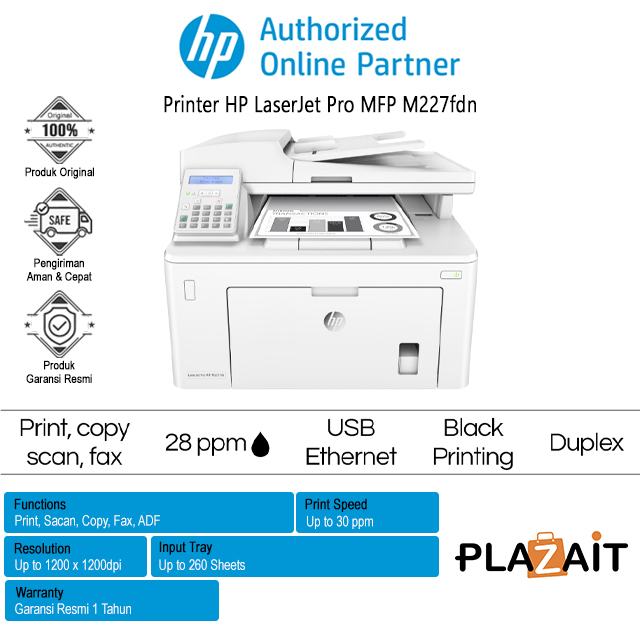 Jual Printer HP LaserJet Pro MFP M227fdn - Print Scan Copy & Fax ...