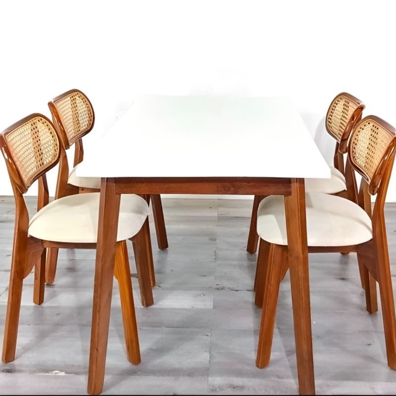 Jual SET MEJA KURSI MAKAN KAYU JATI KOMBINASI ROTAN MODEL MEJA UKURAN 120 CM KURSI MAKAN ROTAN ...