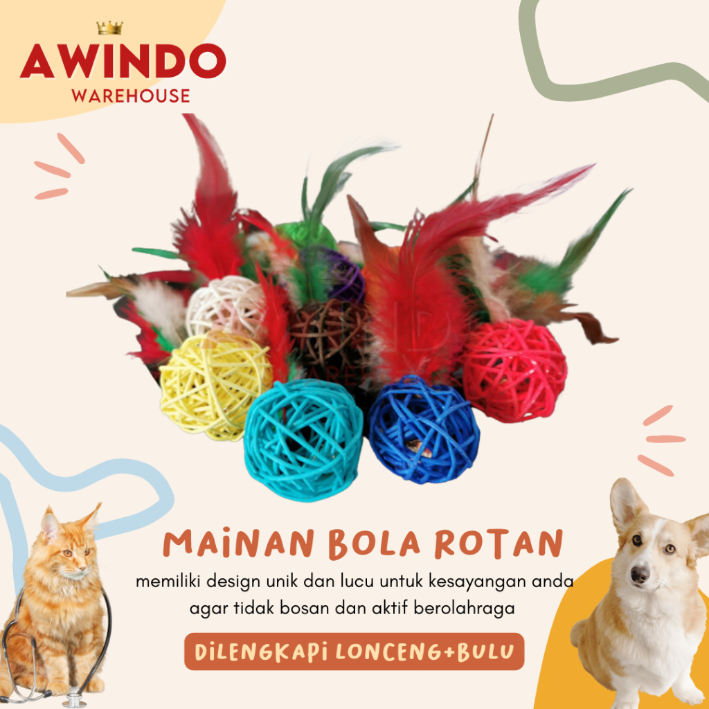 Jual BOLA DAWAI BULU - Mainan Bola Kucing Anjing Rotan Lonceng Cat Dog ...