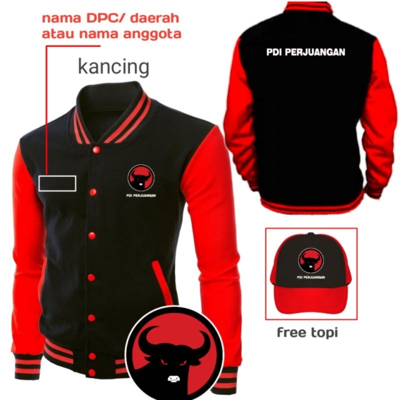 Jual jaket varsity merah hitam PDI perjuangan sablon atau bordir ...