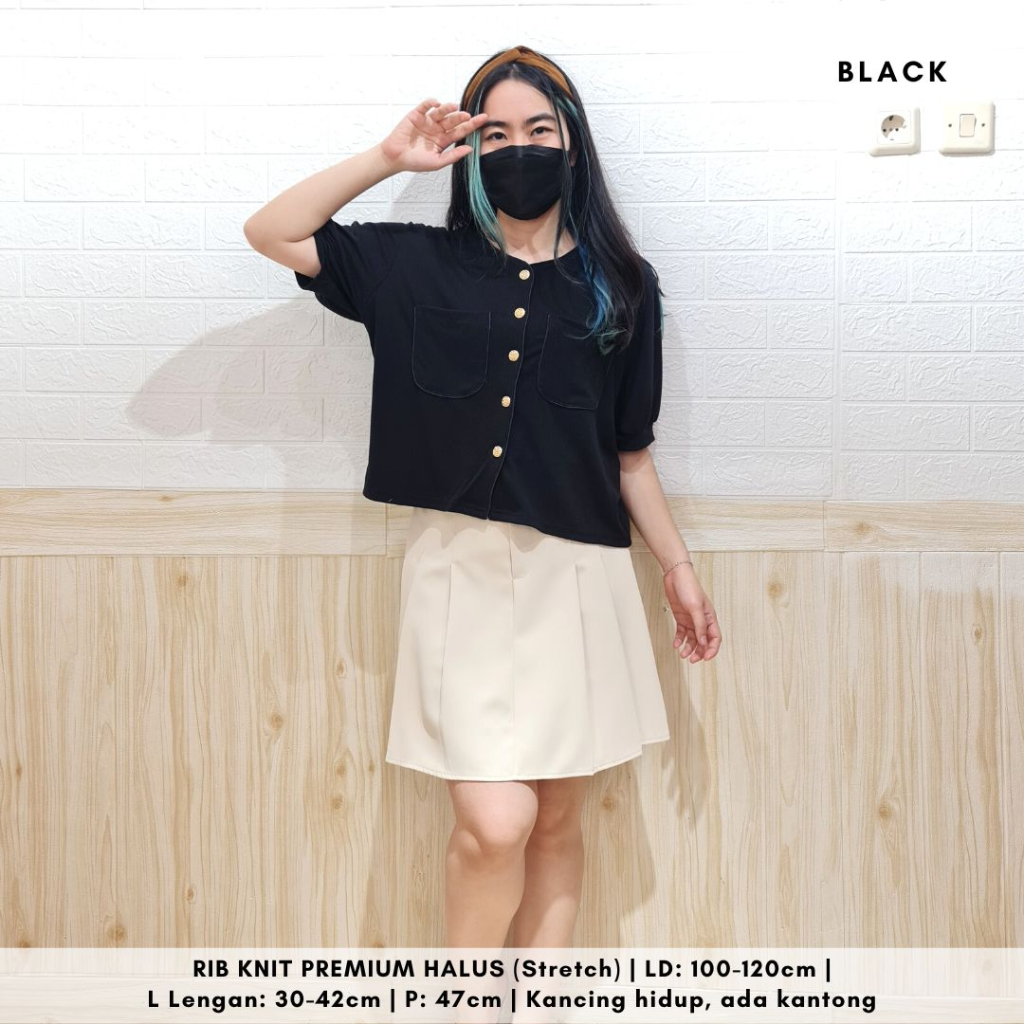 Jual 4162 tiffany knit list button pocket shirt blouse wanita premium ...