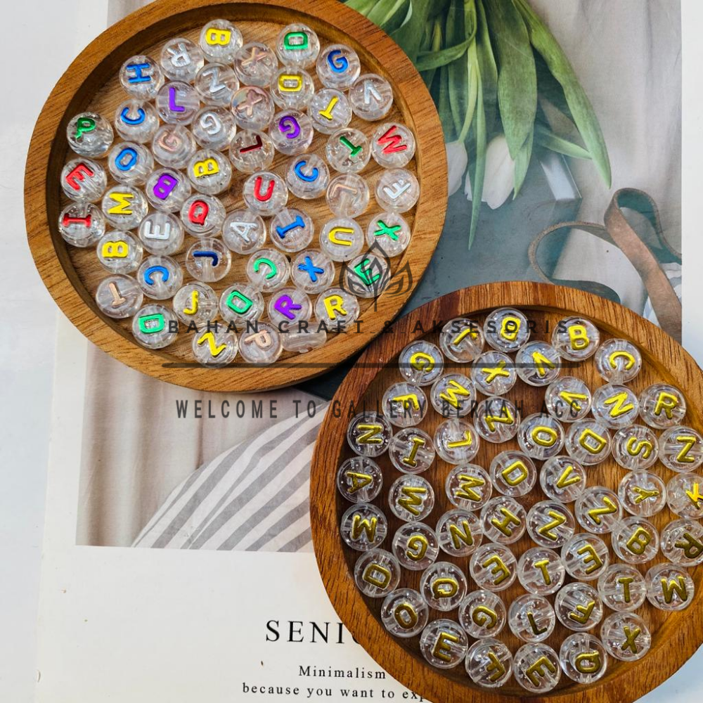 Jual [50 pcs] Mote Huruf Bulat Pipih Glitter Transparan Manik Huruf ...