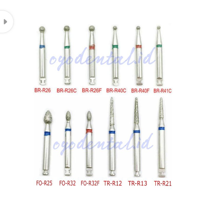 Jual Dental Diamond Bur Preparasi Low Speed Round / Flame Oval / Tapper ...