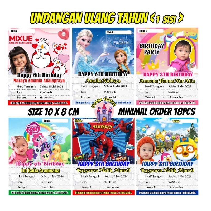 Jual Undangan Ultah 10x8cm Custom / Minimal Order 18 Pcs/ Undangan ...
