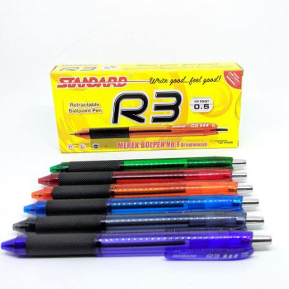 Jual 1 Pack ( 12 pcs ) Pulpen Standard R3 Retractable Bolpen Cetek ...