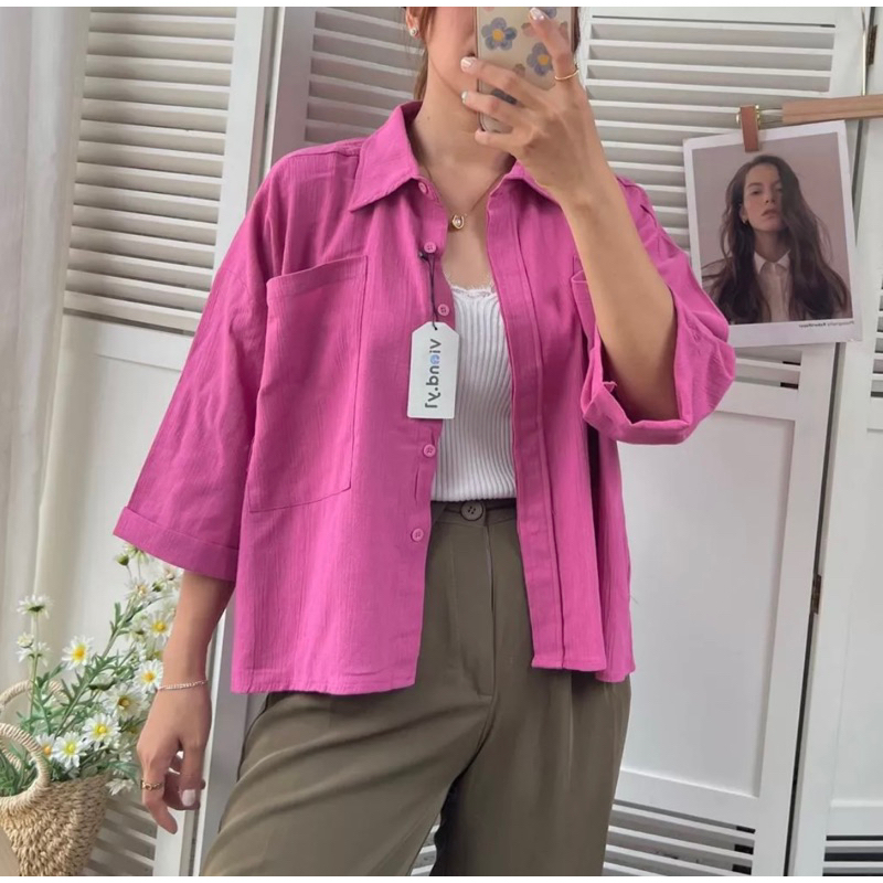 Jual Kemeja Wanita Linen Pocket - Oversized Linen Shirt - Atasan Wanita ...