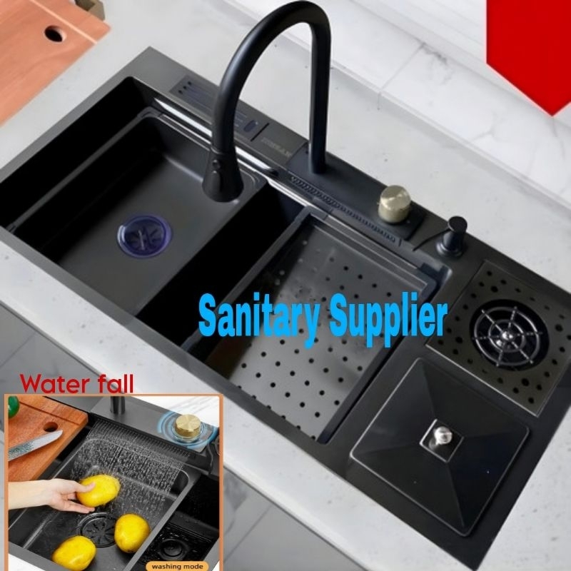Jual KITCHEN SINK BLACK LENGKAP KRAN TARIK FAN WATERFALL/KITCHEN SET ...