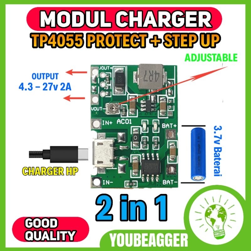 Jual Modul TP4056 + STEP UP 2A tegangan 4.3-27VDC | Shopee Indonesia