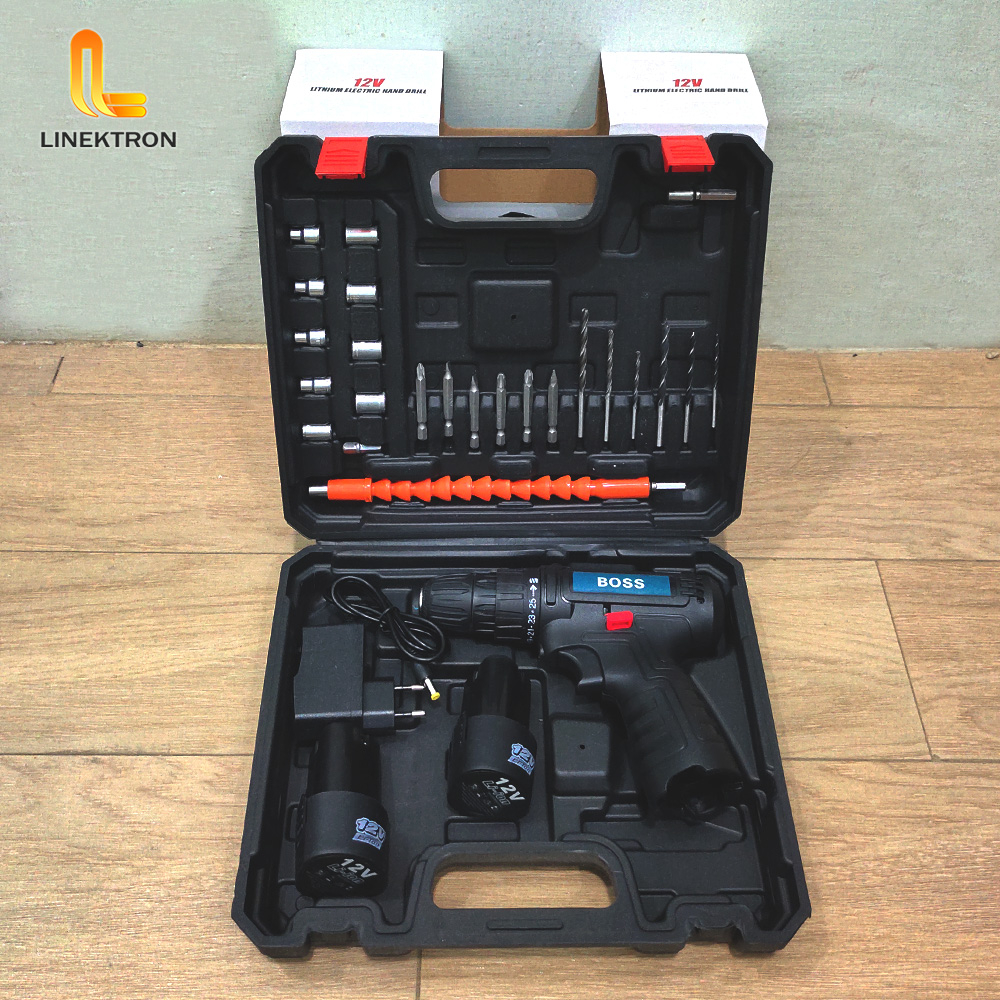 Jual MESIN BOR 10 MM 2 BATERAI CAS 12V CORDLESS BOSS / SET MESIN BOR ...