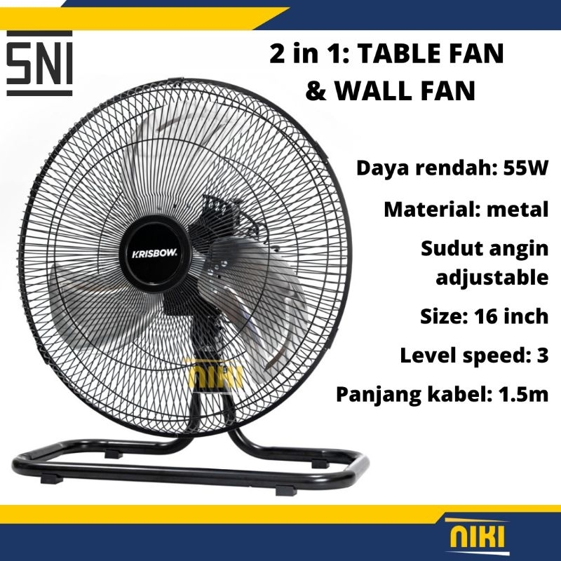 Jual Krisbow Kipas Angin Meja / Dinding 2 in 1 Industrial 16 Inch Wall Fan / Table Fan 55 Watt ...