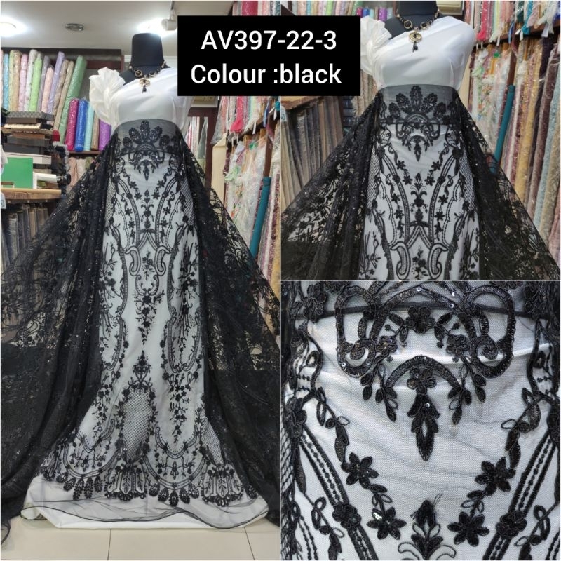 Jual Kain Tile Brokat Etnik Payet Batu Akar Bridal AV397-22-3 Hitam ...