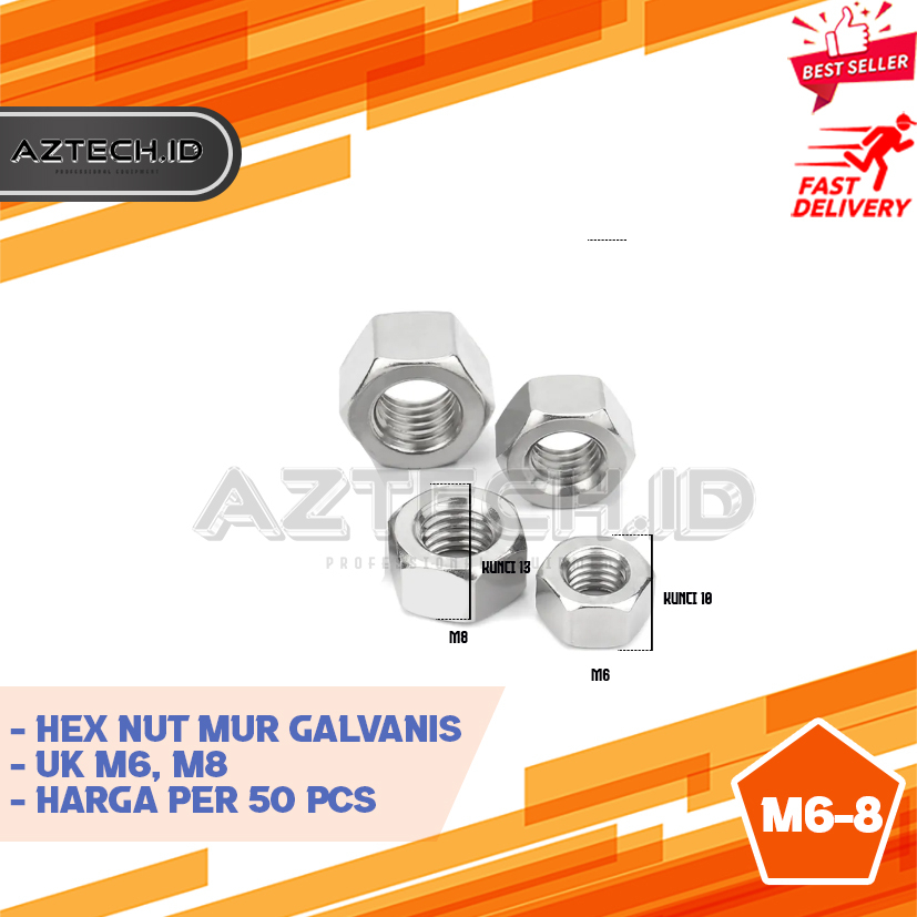 Jual Hex nut mur galvanis M3, M4, M5, M6, M8 harga per 50pcs | Shopee Indonesia