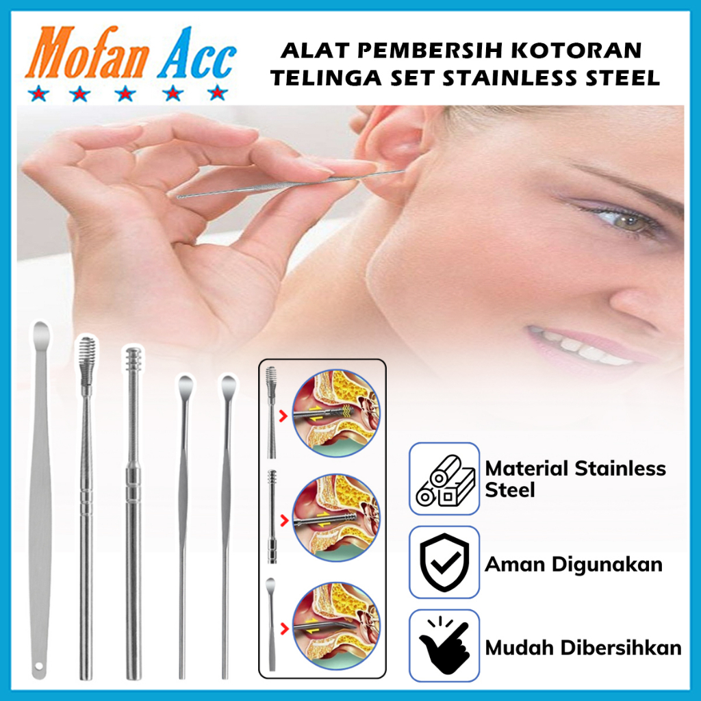 Jual Alat Pembersih Kotoran Telinga Set 5in1 6in1 Stainless Steel ...