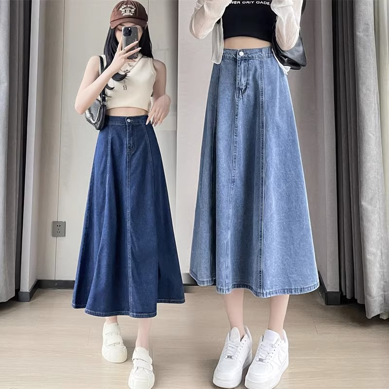 Jual Rok Jeans Panjang melar Wanita rok button denim highwaist rok maxi ...