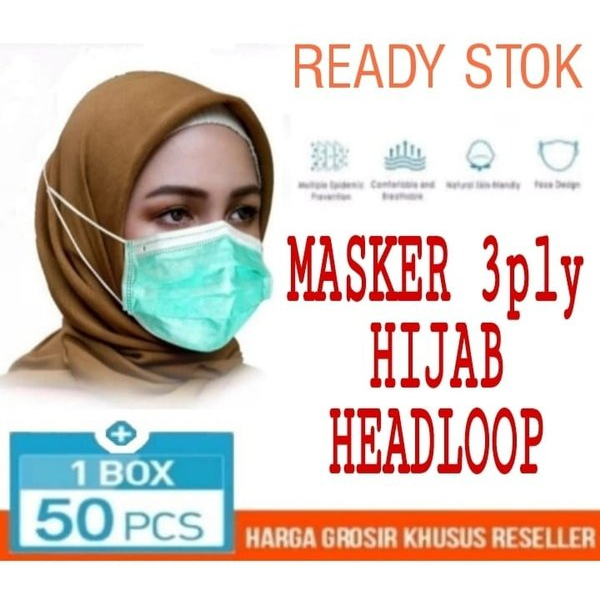 Jual Masker Hijab Headloop 3Ply 1BOX Isi 50Pcs Masker Hijab Medis Warna ...