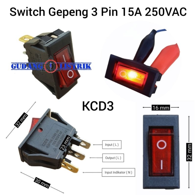 Jual KCD3 Rocker Switch Saklar Segi Gepeng On Off 3 Pin 15A 250V Plus ...
