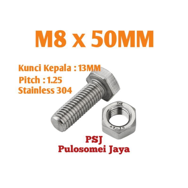 Jual Baut Mur Stainless M8 x 50 mm / Bolt Nut Stainless Steel 304 | Shopee Indonesia