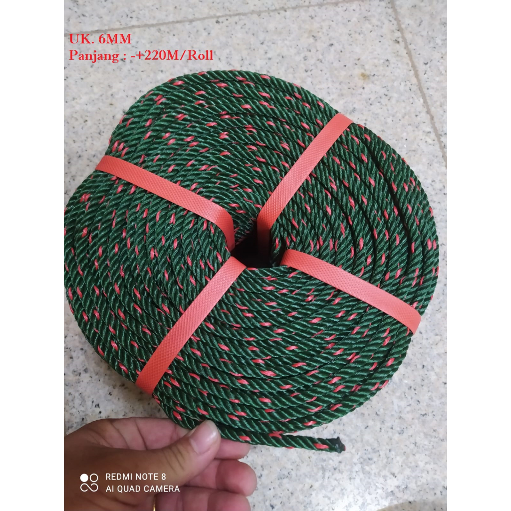 Jual TALI TAMBANG PE HIJAU BINTIK MERAH (HTBM) Uk. 6MM PER ROLL | Shopee Indonesia