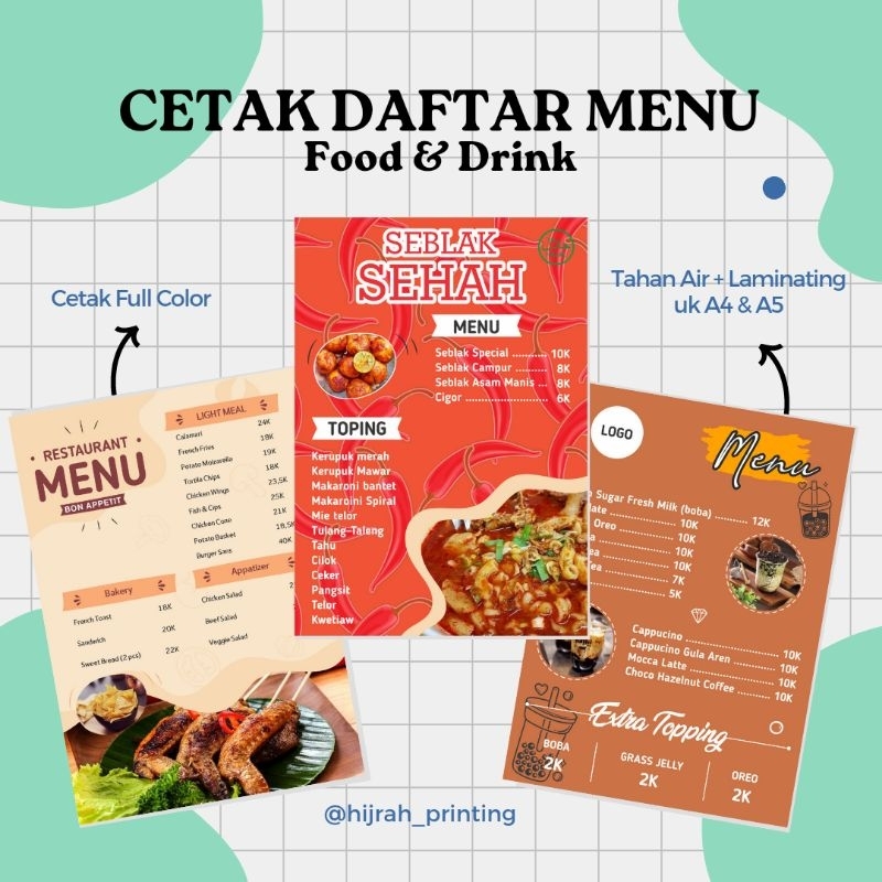 Jual Cetak Daftar Menu Custom Desain Ukuran A4 & F4 free Laminating ...