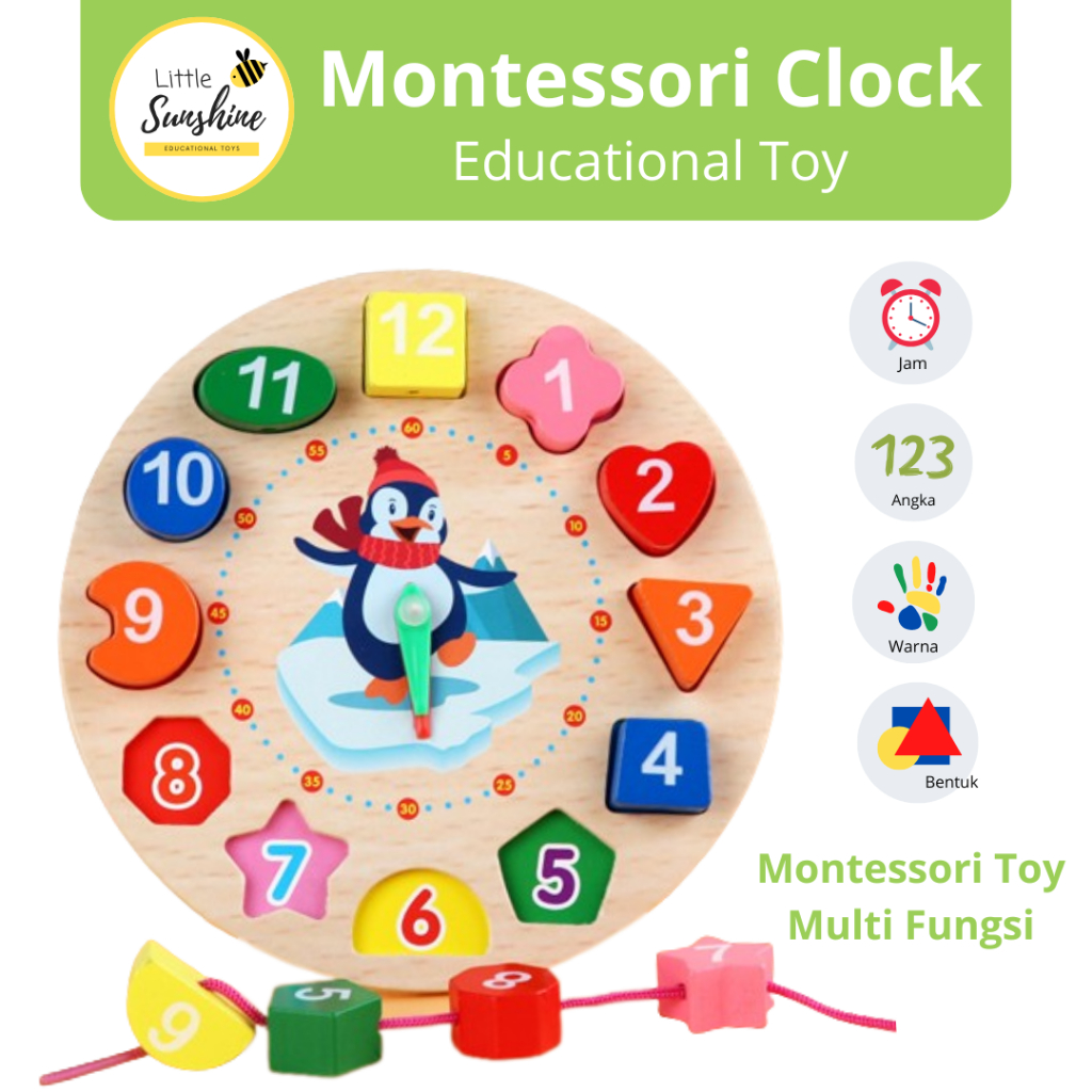 Jual Mainan Edukasi Jam Kayu Belajar Jam Angka Bentuk Montessori Mainan ...