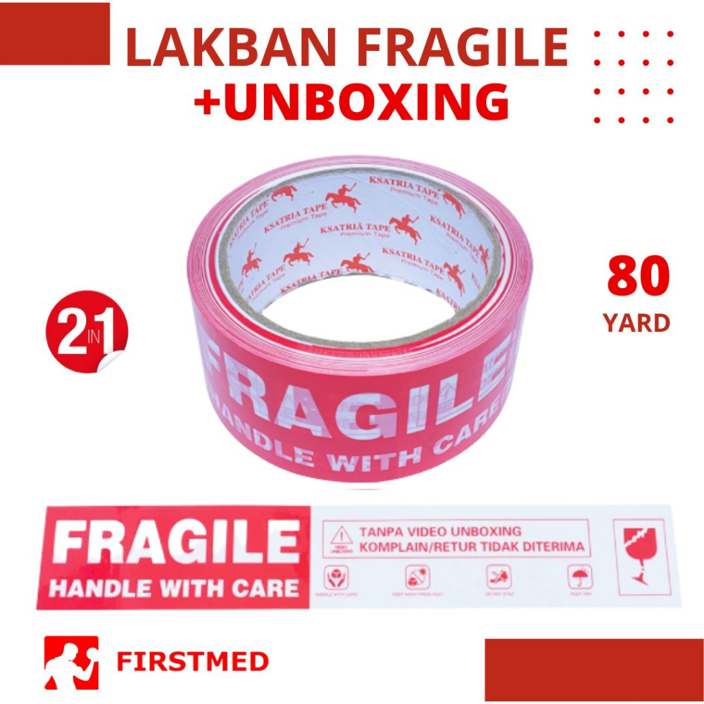 Jual LAKBAN FRAGILE UNBOXING STICKER MERAH 45 MM 80 YARD 2 IN 1 PECAH ...