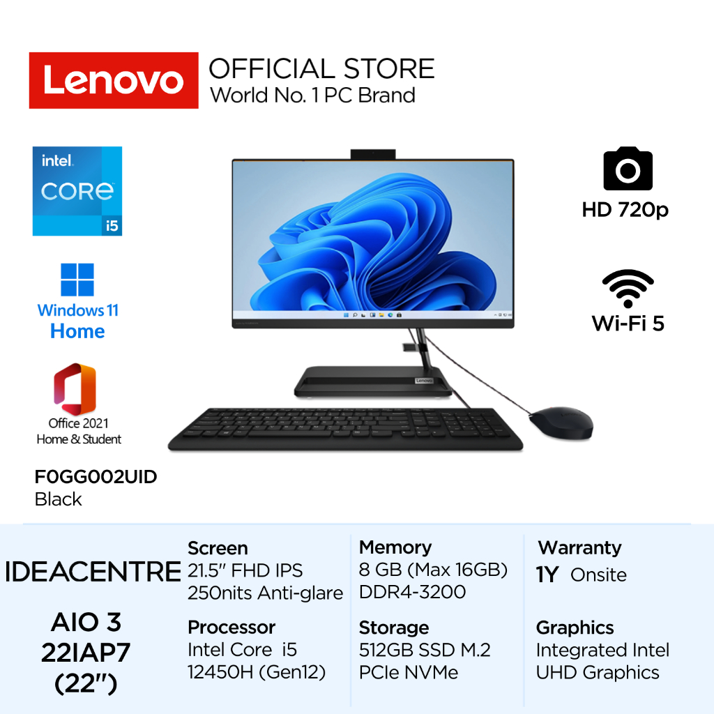 Jual Lenovo PC IdeaCentre AIO 3i 22IAP7 Intel Core i5 12450H Win11 Home 8GB 512GB SSD 21.5" FHD ...