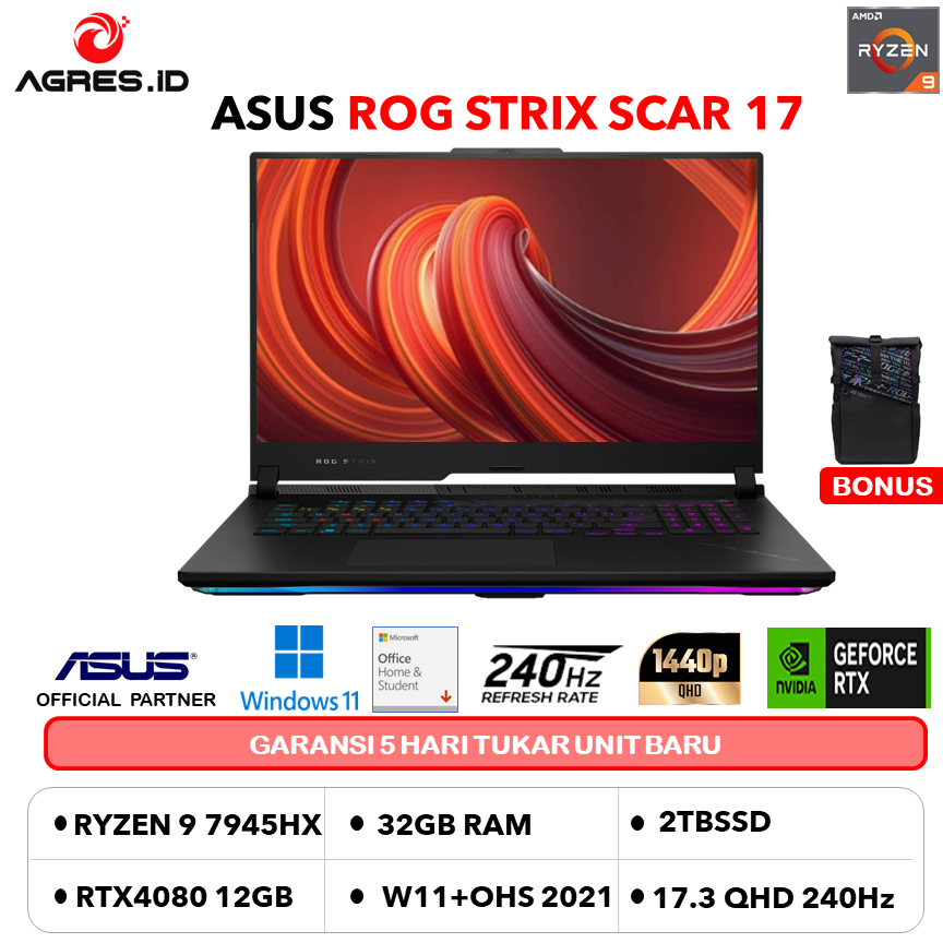 Jual ASUS ROG STRIX SCAR 17 G733PZ RYZEN 9 7945HX RTX4080 12GB/ 32GB ...