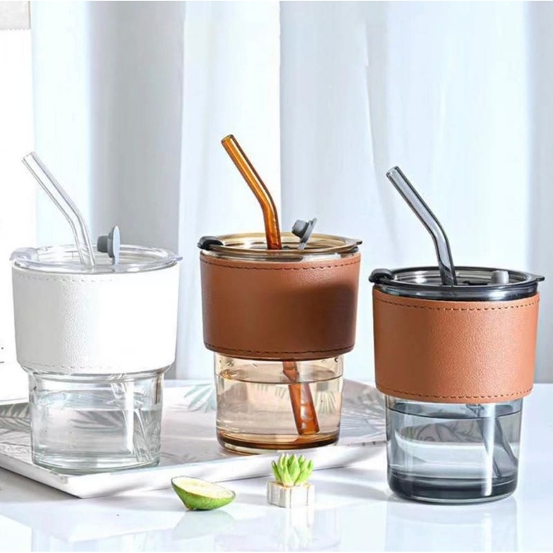 Jual Gelas Kaca Tumbler Aesthetic Simple Elegan / Tumbler Kaca Dengan Sedotan / Gelas Minum Kaca ...