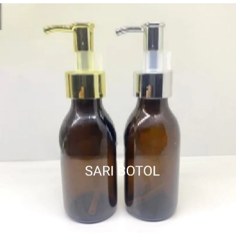 Jual BOTOL KACA PUMP 100ML AMBER COKLAT CLIP OIL GOLD SILVER 100ML | Shopee Indonesia