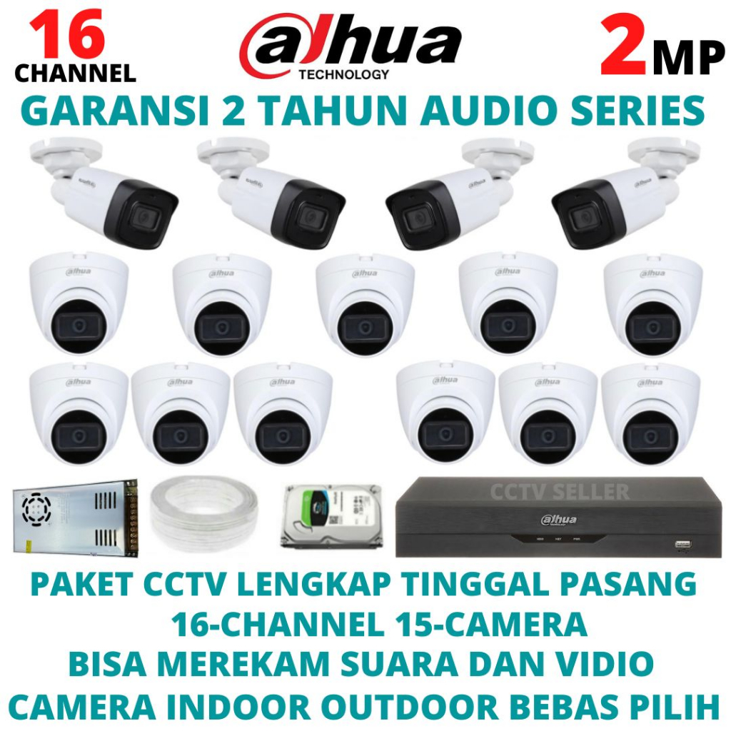 Jual PAKET CCTV DAHUA AUDIO 16 CHANNEL 15 CAMERA 2MP HD CVI 1080P ...