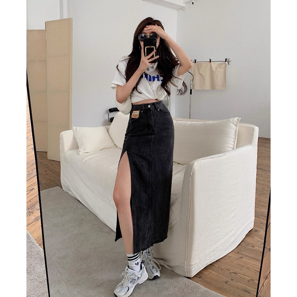 Jual Emily Rok-Biru/Hitam Highwaist Kasual Rok Midi A-line Denim ...