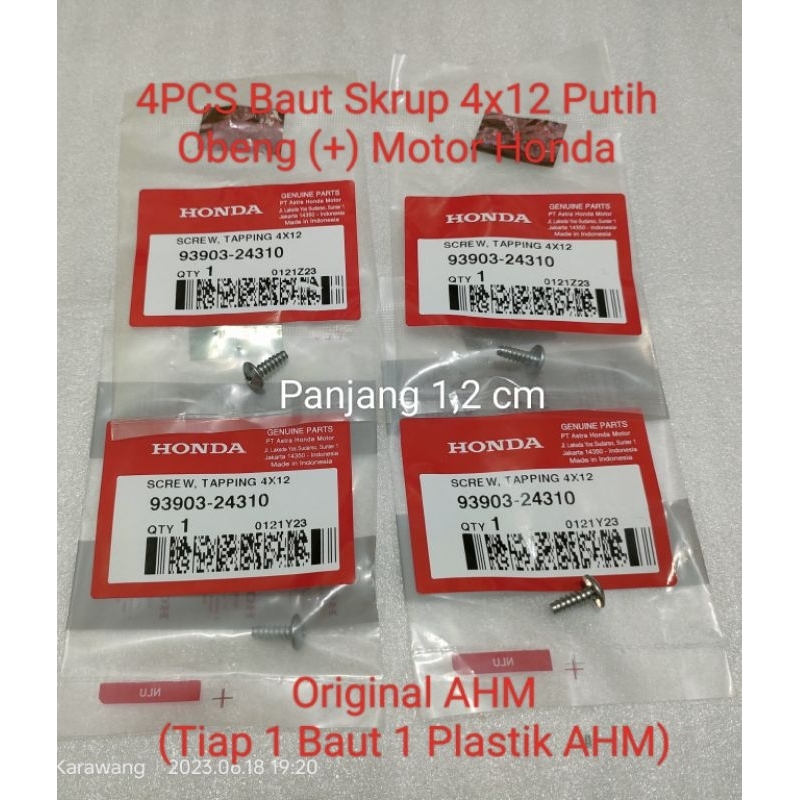 Jual 4PCS Baut Skrup 4x12 Putih Obeng (+) Motor Honda Ori AHM 93903 ...