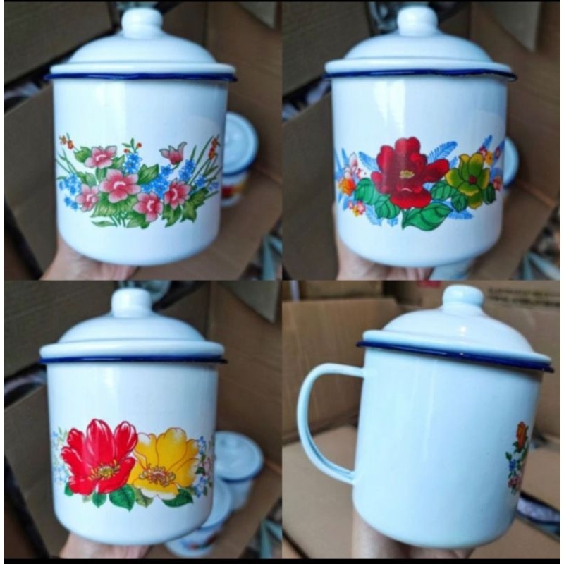 Jual Mug Enamel Jadul Motif Bunga dengab Tutup / Mug Kaleng Kembang ...