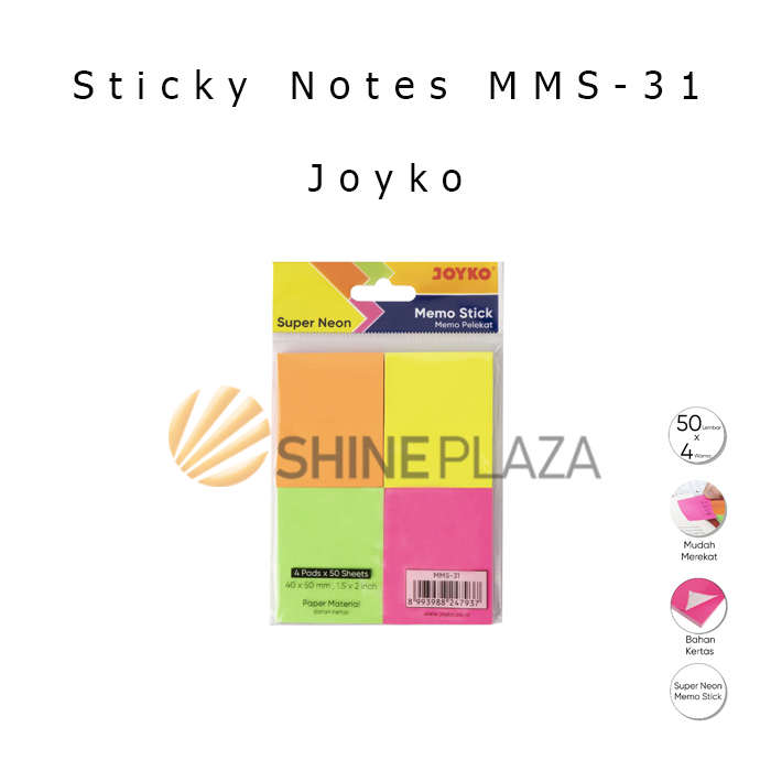 Jual Memo Stick Sticky Notes 4 Warna Neon - Kertas Memo Tempel Joyko ...