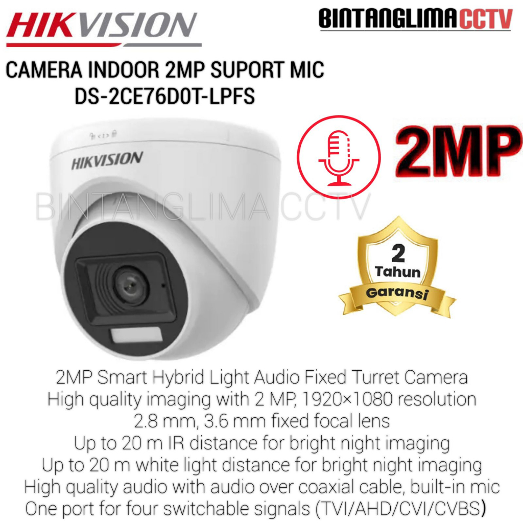 Jual Camera Cctv Indoor Hikvision 2mp Ds 2ce76d0t Lpfs Dual Light Audio