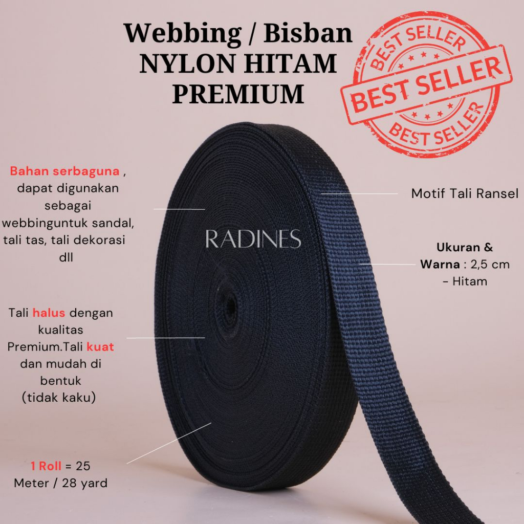 Jual Webbing / Bisban NYLON HITAM PREMIUM 2,5CM Tali Sandal Tas KRB Nat ...