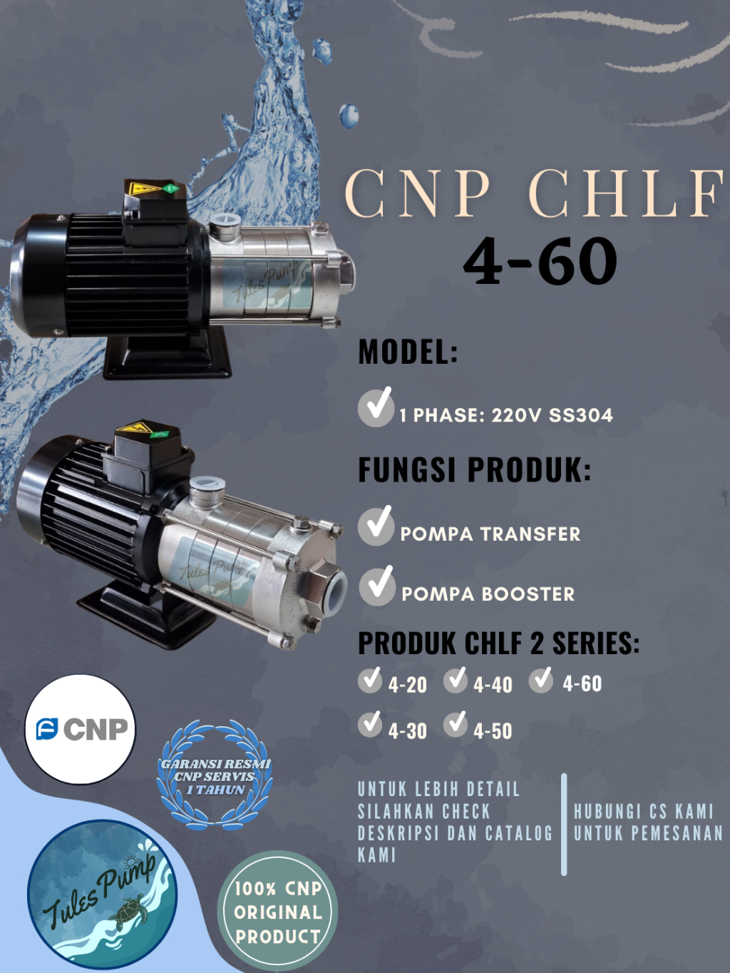 Jual POMPA CNP CHLF 4-60 CHLF 4-60LDWSC 1PHASE 220V SS304 TRANSFER ...