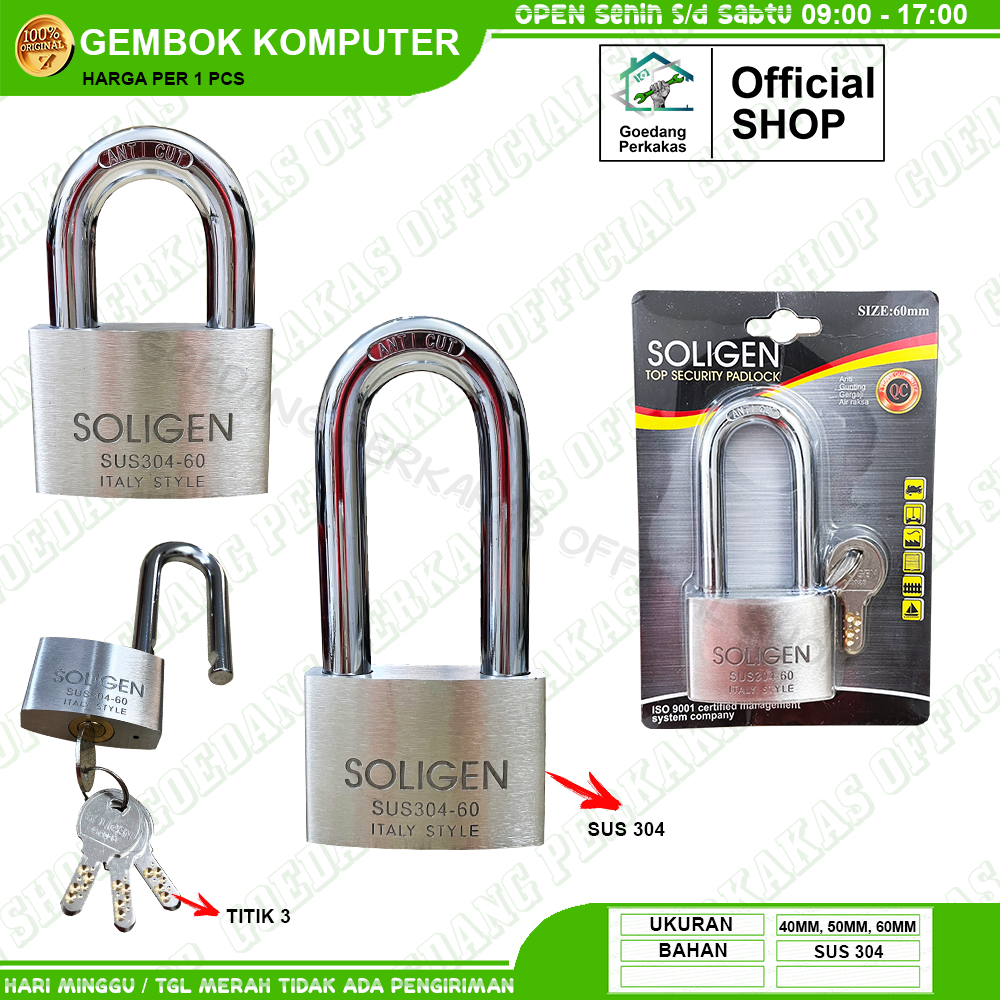 Jual Gembok Soligen Stainless Steel SUS 304 Komputer Key 40MM 50MM 60MM ...
