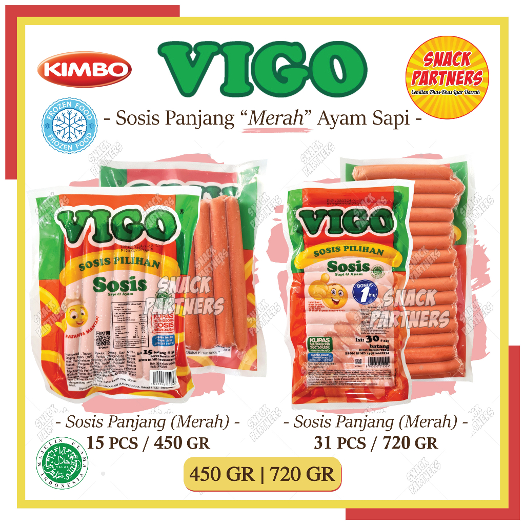 Jual VIGO Sosis Panjang MERAH Ayam Sapi 15 pcs / 450 GR | 31 pcs / 720 ...