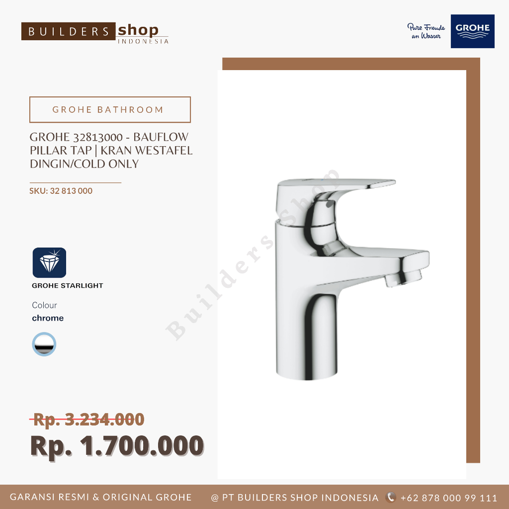 Jual GROHE 32813000 - Bauflow Pillar Tap | Kran Westafel Dingin/Cold ...